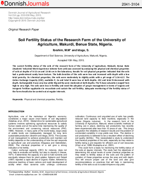 (PDF) Soil Fertility Status of the Research Farm of the University of Agriculture, Makurdi ...