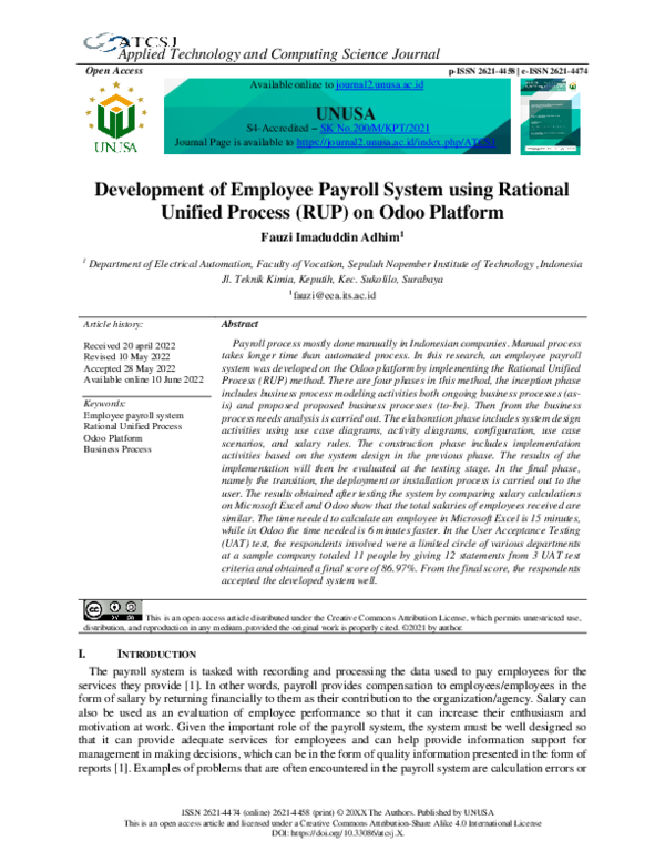 (PDF) Development of Employee Payroll System using Rational Unified Process (RUP) on Odoo Platform
