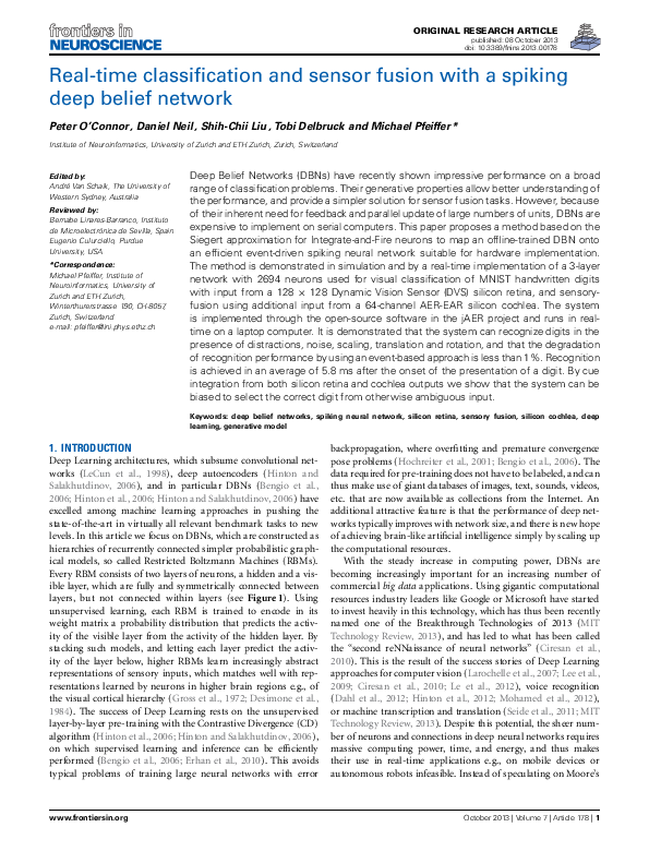 (PDF) Real-time classification and sensor fusion with a spiking deep belief network