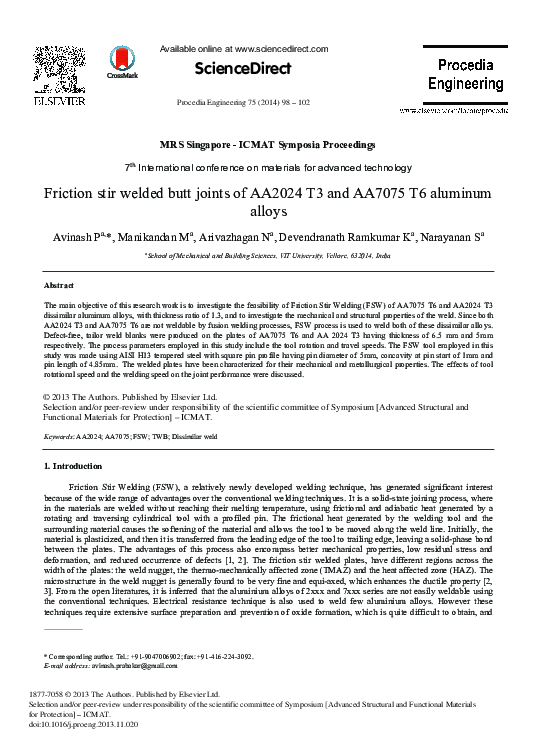 (PDF) Friction Stir Welded Butt Joints of AA2024 T3 and AA7075 T6 ...