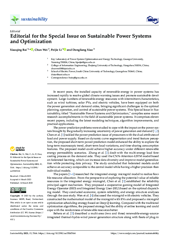(PDF) Editorial for the Special Issue on Sustainable Power Systems and ...