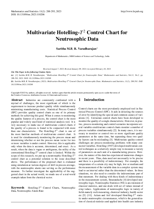 Pdf Multivariate Hotelling T 2 Control Chart For Neutrosophic Data