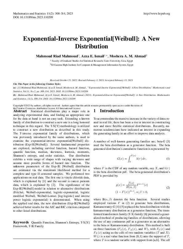 (PDF) Exponential-Inverse Exponential[Weibull]: A New Distribution
