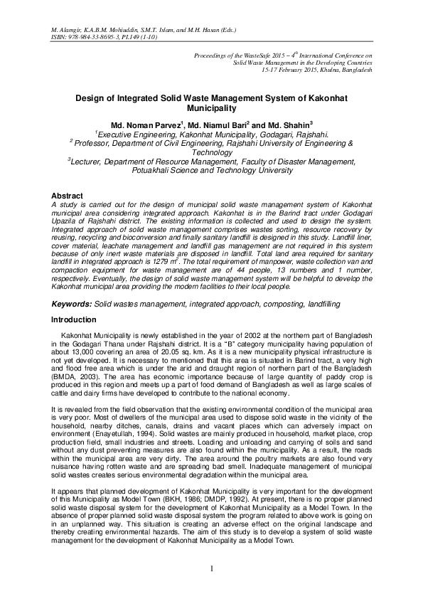 (PDF) Design of Integrated Solid Waste Management System of Kakonhat Municipality