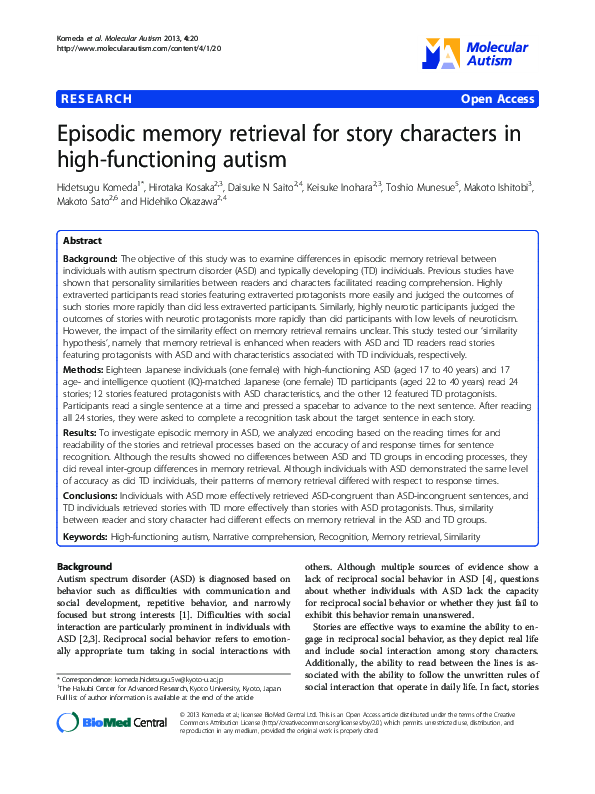 (PDF) Episodic memory retrieval for story characters in high-functioning autism