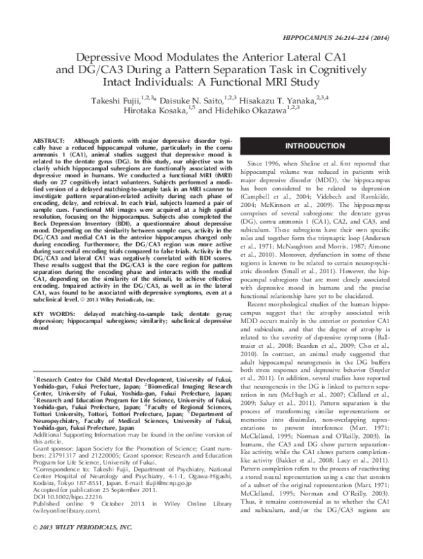 (PDF) Depressive mood modulates the anterior lateral CA1 and DG/CA3 ...
