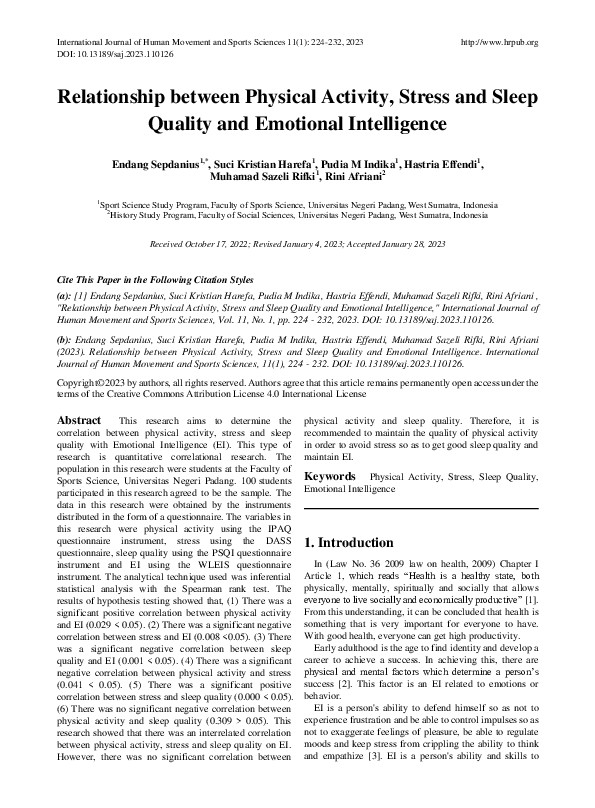 (PDF) Relationship between Physical Activity, Stress and Sleep Quality and Emotional Intelligence
