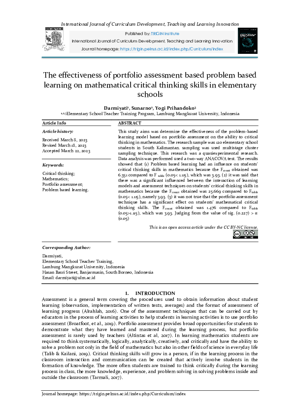 (PDF) The effectiveness of portfolio assessment based problem based learning on mathematical ...