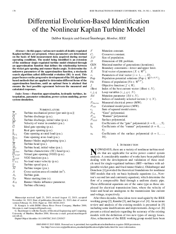 (PDF) Differential Evolution-Based Identification of the Nonlinear Kaplan Turbine Model | Gorazd ...
