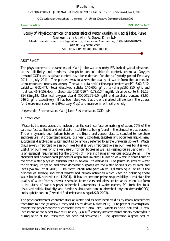 (PDF) Assessment of potability of different water sources at Bhopal city