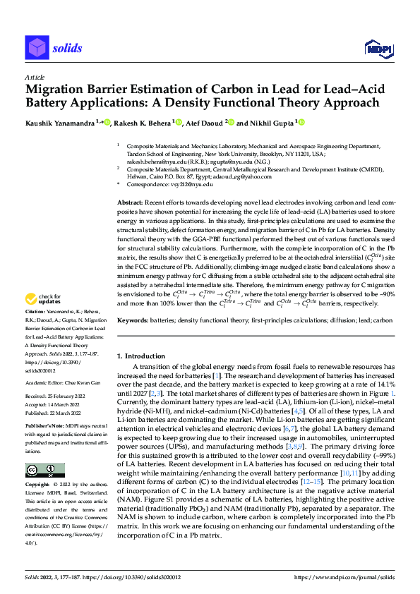 (PDF) Migration Barrier Estimation of Carbon in Lead for Lead–Acid ...