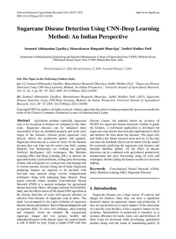 Pdf Sugarcane Disease Detection Using Cnn Deep Learning Method An
