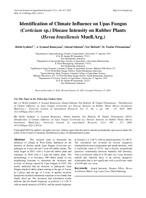 (PDF) Identification of Climate Influence on Upas Fungus (Corticium sp ...