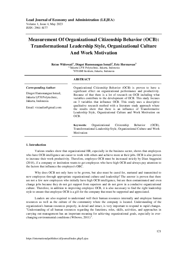 (PDF) Measurement Of Organizational Citizenship Behavior (OCB): Transformational Leadership ...