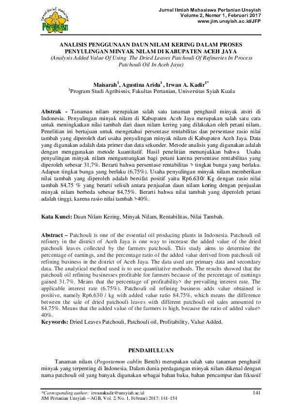 (PDF) Analisis Nilai Tambah Penggunaan Daun Nilam Kering Dalam Proses Penyulingan Minyak Nilam ...