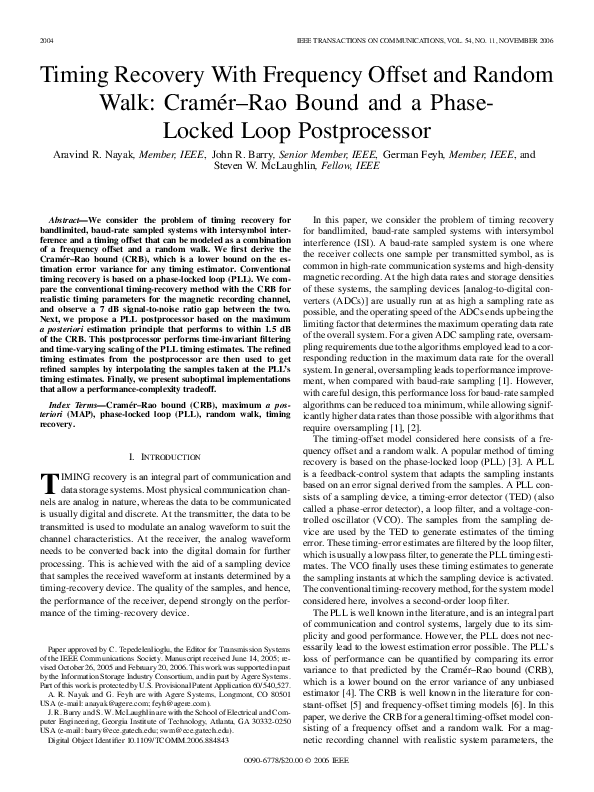 (PDF) Timing Recovery With Frequency Offset and Random Walk: Cramer–Rao ...