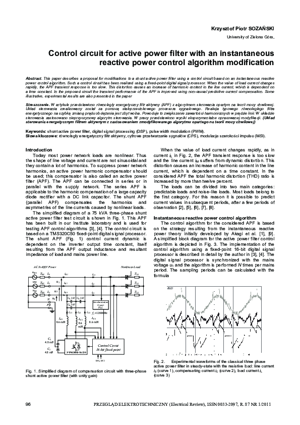 Pdf Control Circuit For Active Power Filter With An Instantaneous Reactive Power Control