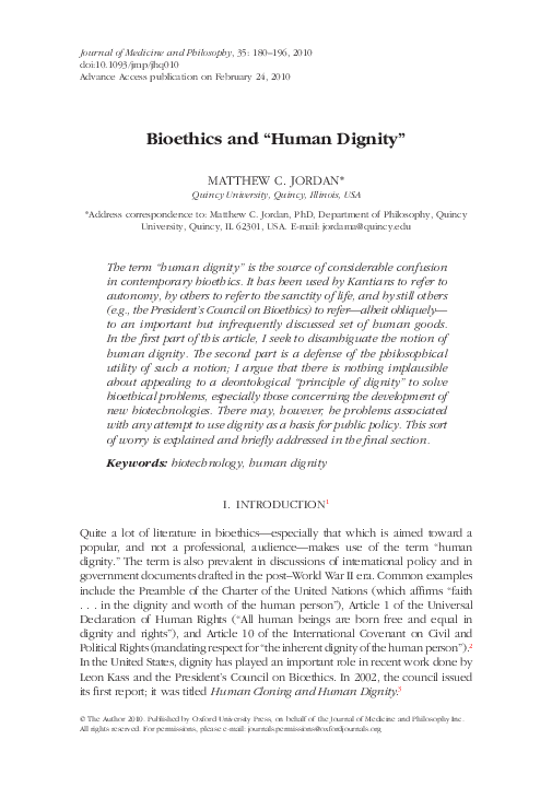 (PDF) Bioethics and "Human Dignity