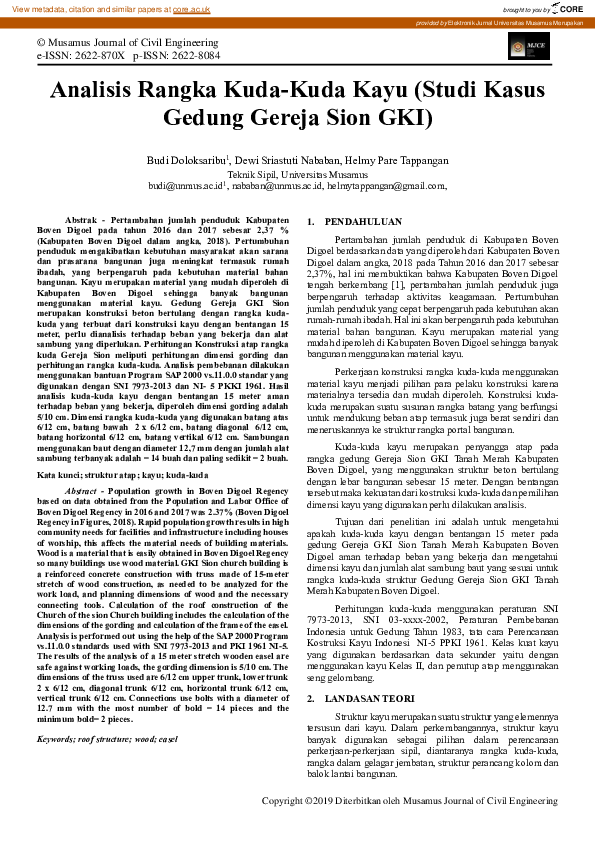 (PDF) Analisis Rangka Kuda-Kuda Kayu (Studi Kasus Gedung Gereja Sion GKI)
