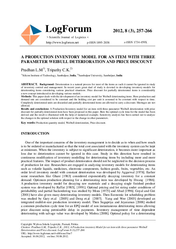 Pdf A Production Inventory Model For An Item With Three Parameter Weibull Deterioration And