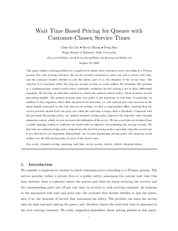 (PDF) Wait Time Based Pricing for Queues with Customer-Chosen Service Times