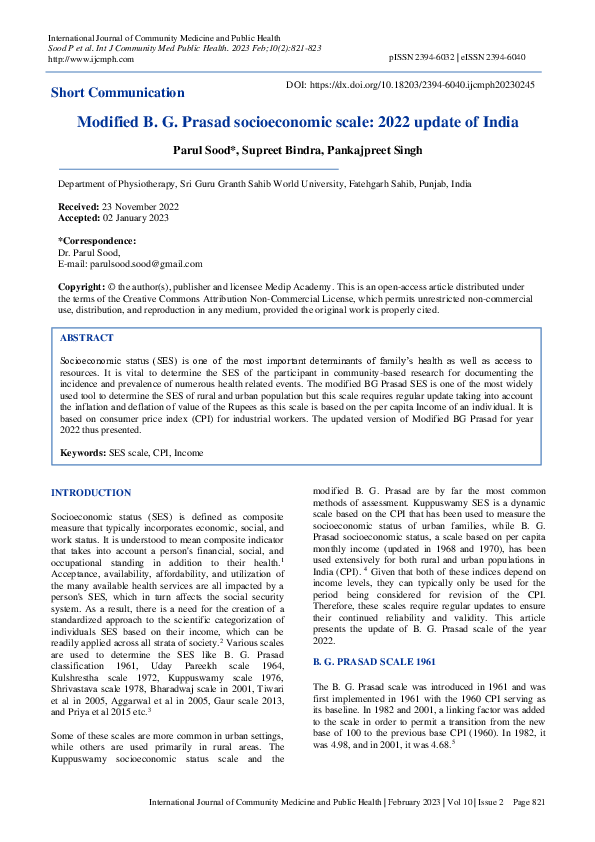 (PDF) Modified B. G. Prasad socioeconomic scale: 2022 update of India