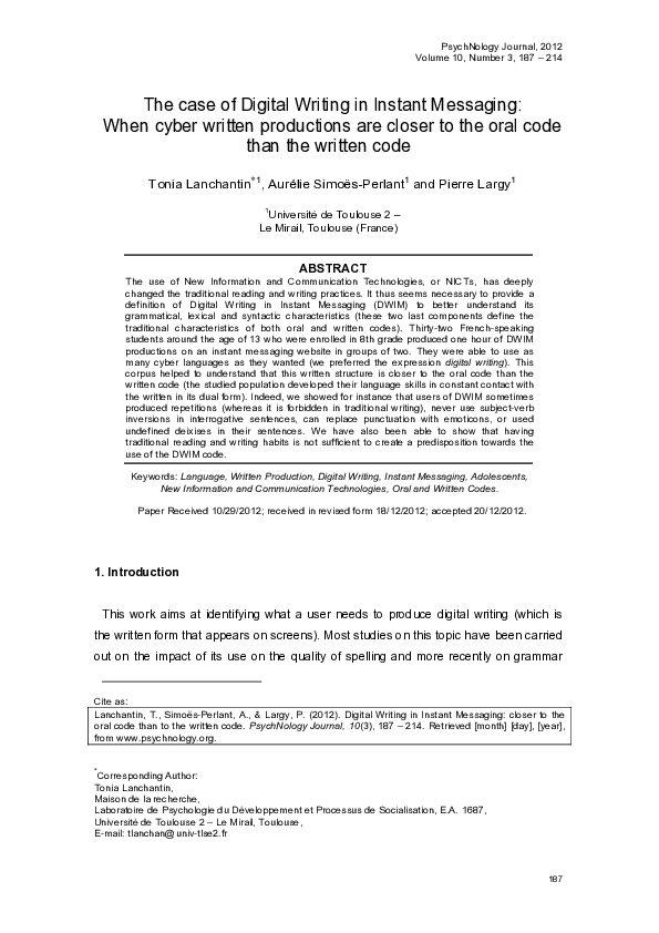 (PDF) The case of Digital Writing in Instant Messaging: When cyber ...