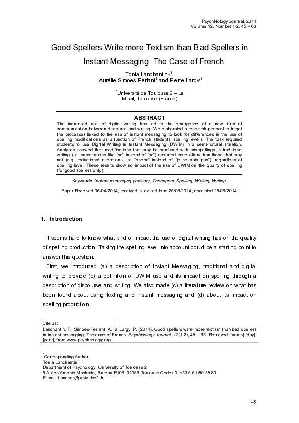 (PDF) Good Spellers Write more Textism than Bad Spellers in Instant ...
