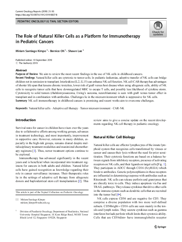 (PDF) Natural Killer Cells: A Review on Their Role in Cancer Immunotherapy