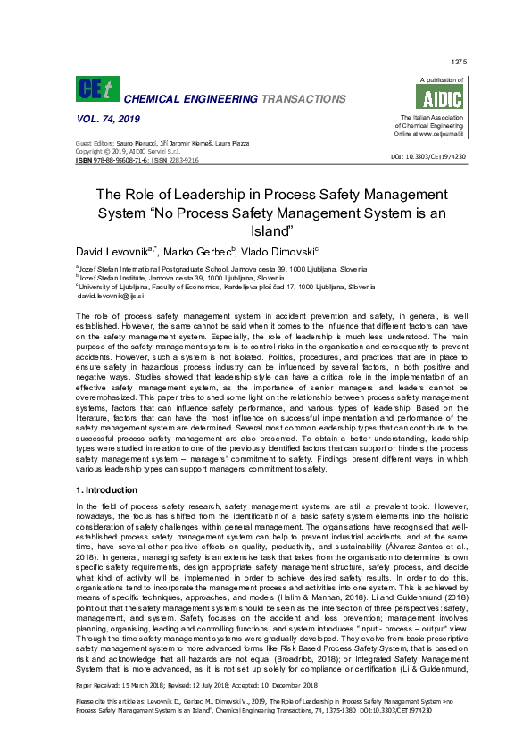 (PDF) The Role of Leadership in Process Safety Management System - No ...