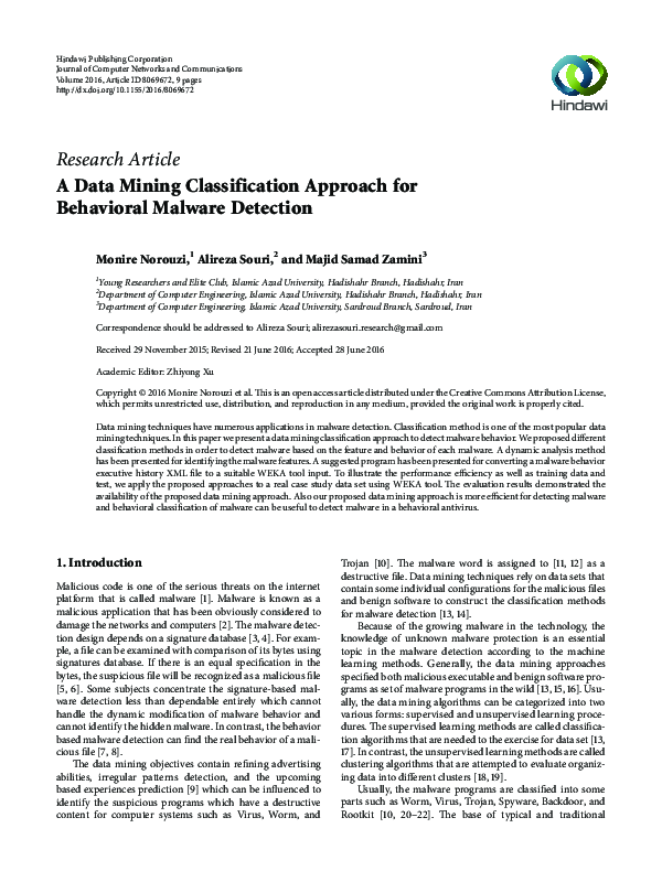 (PDF) A Data Mining Classification Approach for Behavioral Malware Detection