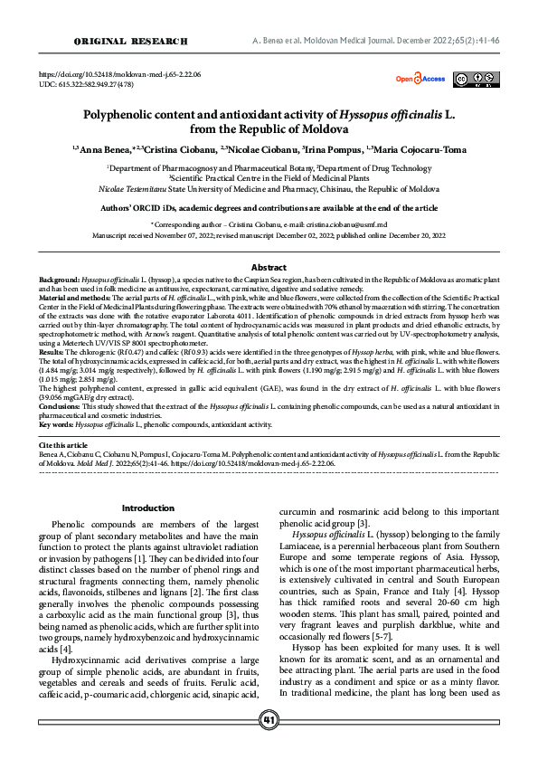 (PDF) Polyphenolic content and antioxidant activity of Hyssopus officinalis L. from the Republic ...