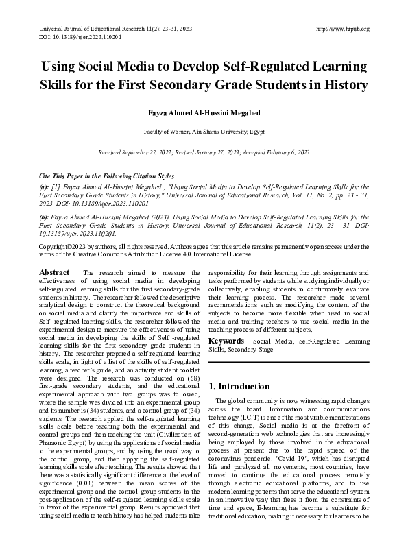 (PDF) Using Social Media to Develop Self-Regulated Learning Skills for the First Secondary Grade ...
