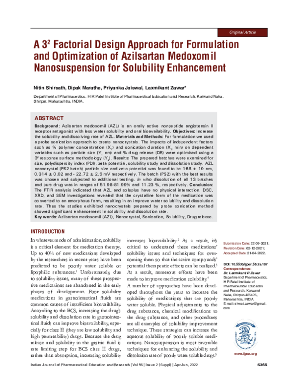 Pdf A 32 Factorial Design Approach For Formulation And Optimization Of Azilsartan Medoxomil