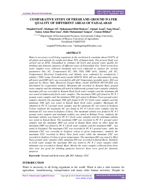 (PDF) Comparative study of fresh and ground water quality of different ...