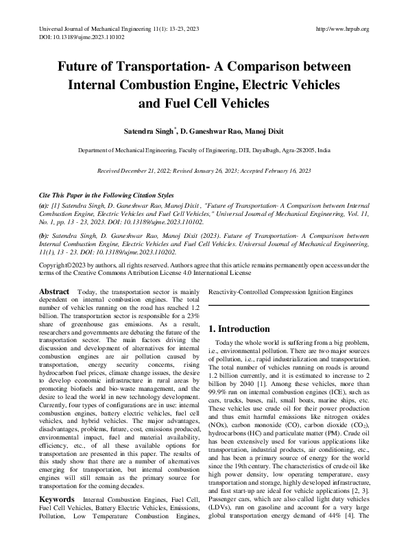 (PDF) Future of Transportation-A Comparison between Internal Combustion ...