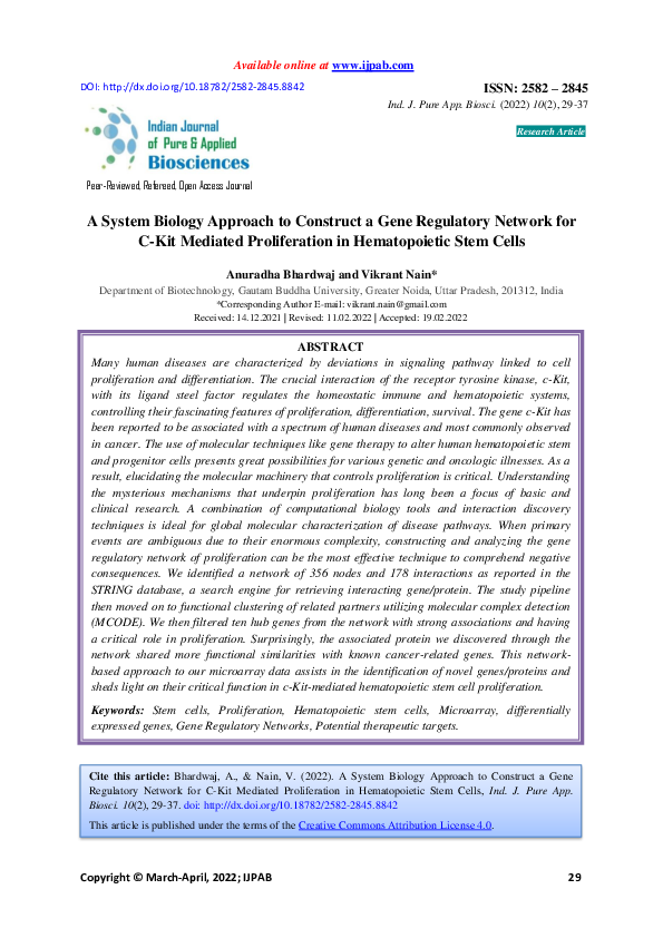 (PDF) A System Biology Approach to Construct a Gene Regulatory Network for C-Kit Mediated ...