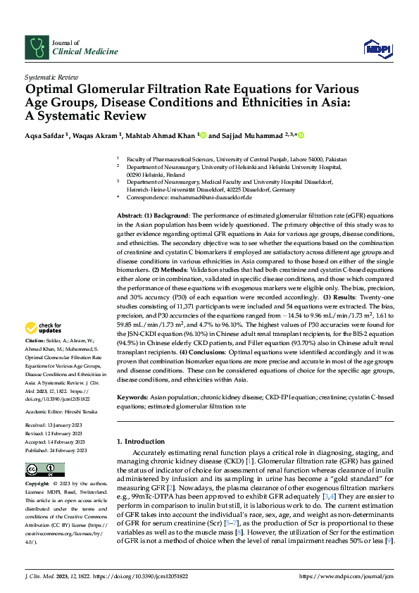 (PDF) Optimal Glomerular Filtration Rate Equations for Various Age ...
