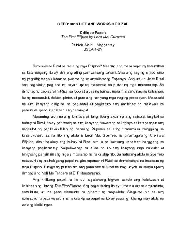 (PDF) Critique Paper: The First Filipino by Leon Ma. Guerrero
