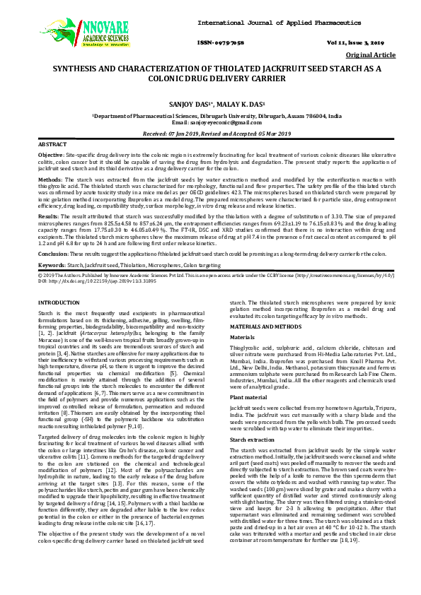 (PDF) SYNTHESIS AND CHARACTERIZATION OF THIOLATED JACKFRUIT SEED STARCH AS A COLONIC DRUG ...
