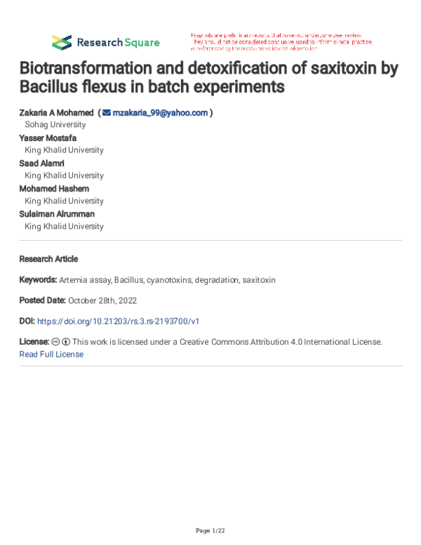 (PDF) Biotransformation and detoxification of saxitoxin by Bacillus flexus in batch experiments