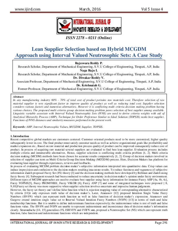 Pdf Lean Supplier Selection Based On Hybrid Mcgdm Approach Using Interval Valued Neutrosophic 