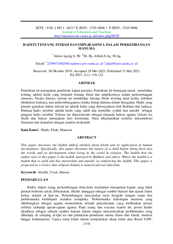 (PDF) Hadits Tentang Fitrah Dan Implikasinya Dalam Perkembangan Manusia