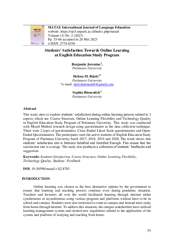 (PDF) Students' Satisfaction Towards Online Learning at English Education Study Program