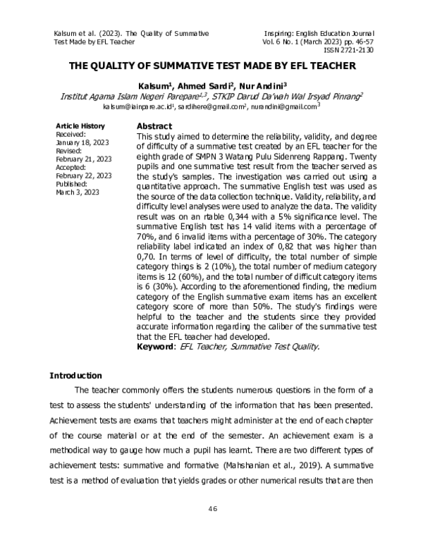 (PDF) The Quality of Summative Test Made by Efl Teacher