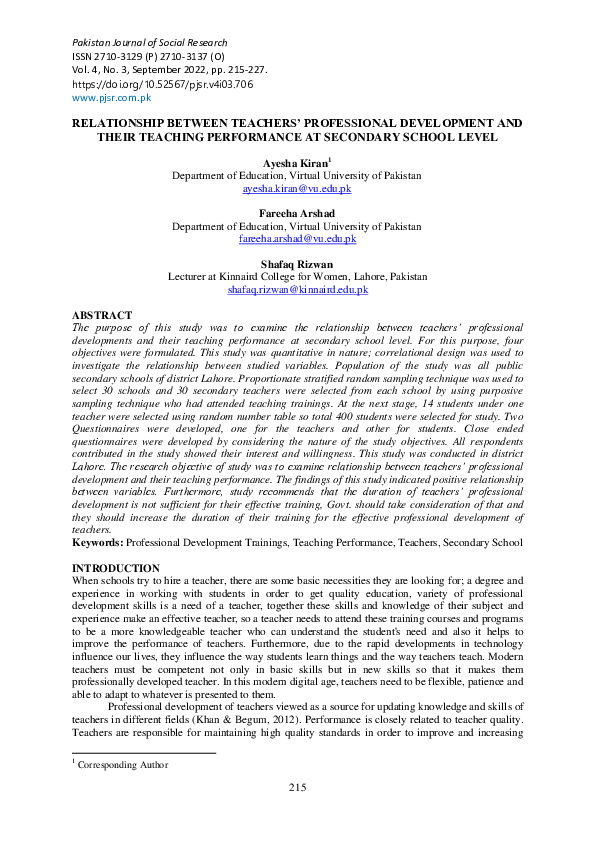 (PDF) Relationship Between Teachers’ Professional Development and Their Teaching Performance at ...