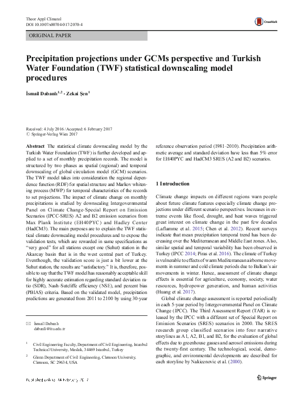 Pdf Precipitation Projections Under Gcms Perspective And Turkish Water Foundation Twf