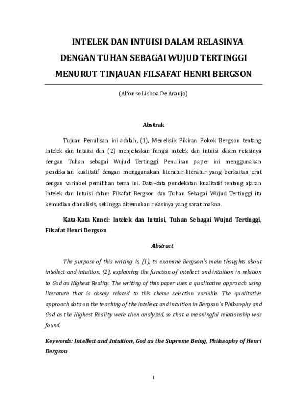 (PDF) INTELEK DAN INTUISI DALAM RELASINYA DENGAN TUHAN SEBAGAI WUJUD ...