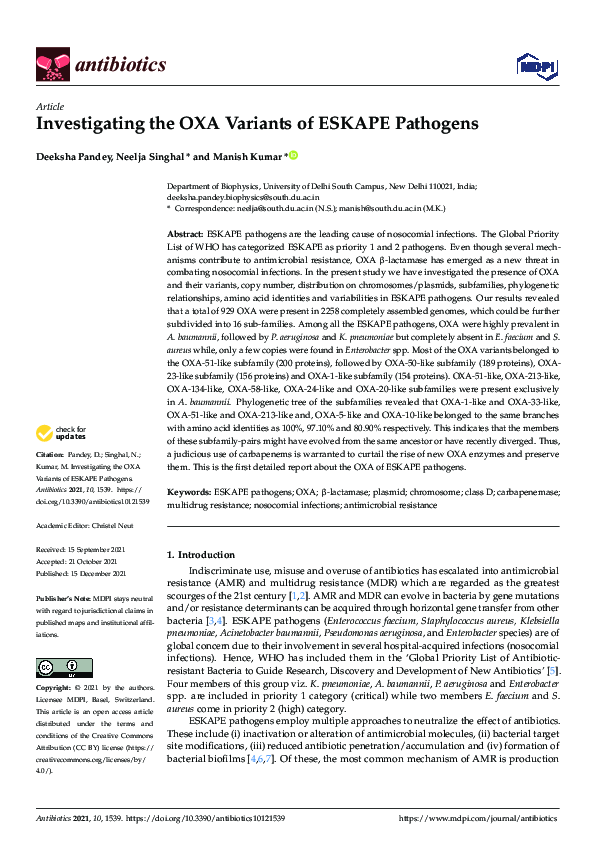 (PDF) Investigating the OXA Variants of ESKAPE Pathogens