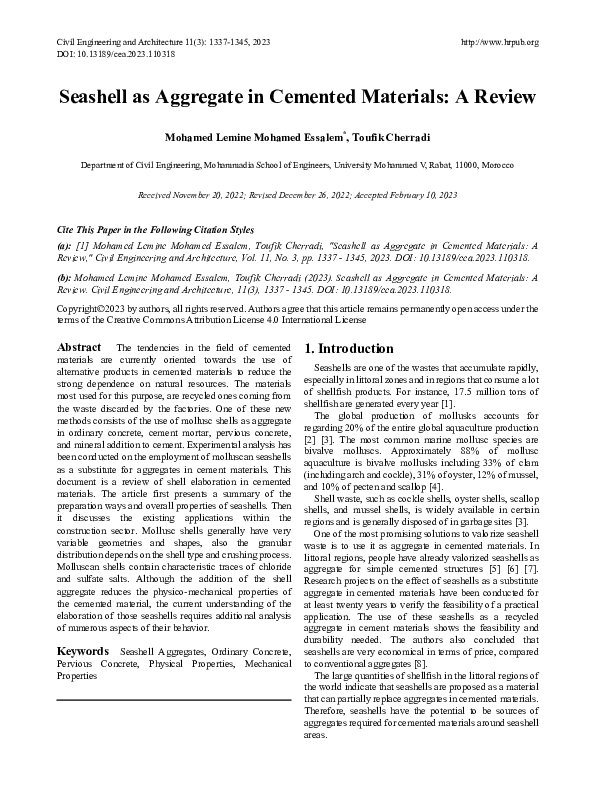 (PDF) Seashell as Aggregate in Cemented Materials: A Review
